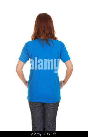 female with blank blue t-shirt (back side) isolated on white background ...