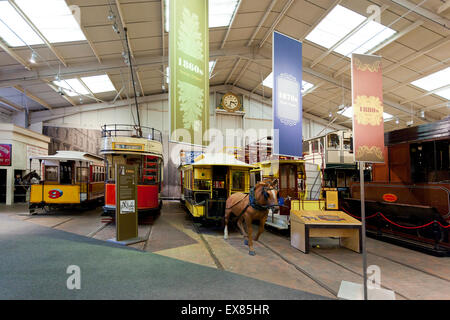 A selection of colourful trams inside the Exhibition Hall at the ...