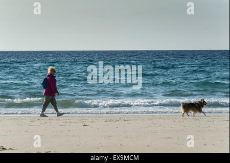 A dog walker on Sennen Beach in Cornwall. Photograph by Gordon Scammell ...
