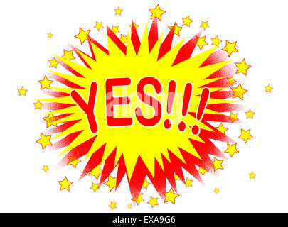 A cartoon style yes explosive motif in red over a white background ...