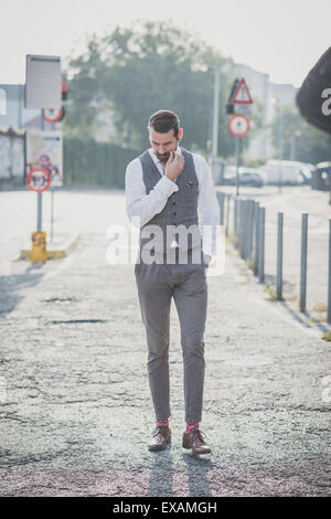 handsome big moustache hipster man playing mandolin in the city Stock ...