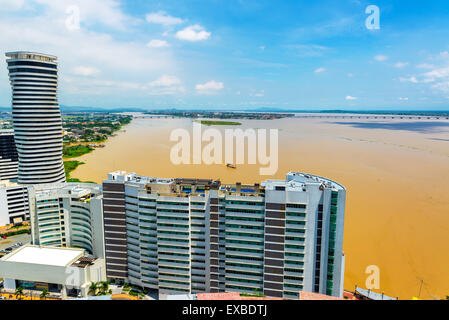 Guayas river view at the boardwalk in Puerto Santa Ana in Guayquil ...