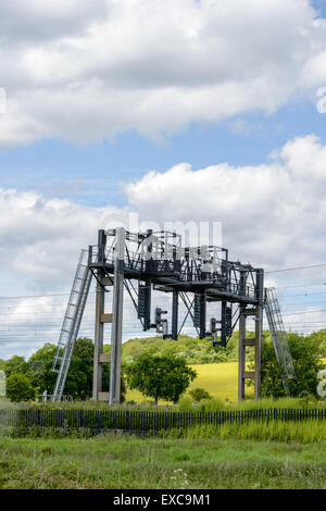 Railway signals gantry Stock Photo - Alamy
