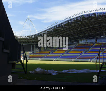 Angle view of under stadium bleachers, steal I-Beam bleachers with X ...