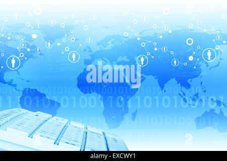 Keyboard on world map background with symbols Stock Photo - Alamy