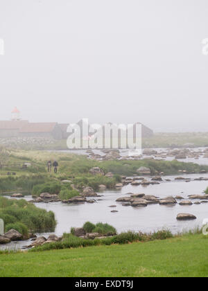 river Haa (Hå) meets the North Sea, flat agricultural landscape, fog ...