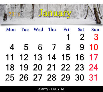 beautiful calendar for January 2016 with snowy ribbon. Calendar for ...