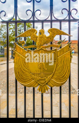 Colombia coat of arms and flag, official symbols of the nation Stock ...