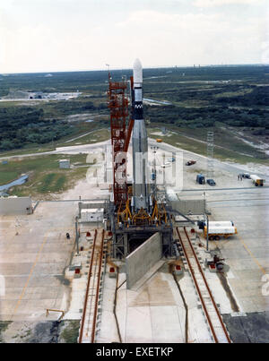 An image of the Atlas-Agena rocket on the launch pad, prepared for a ...