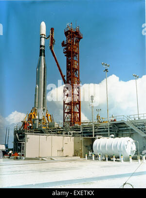This image shows the Atlas-Agena rocket during a pullback test at its ...