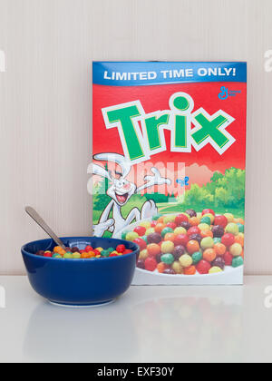 A bowl of colourful Trix cereal, a kiddie breakfast cereal produced by ...