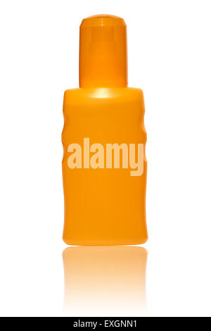 Orange Pump spray bottle with suntan lotion isolated on white ...