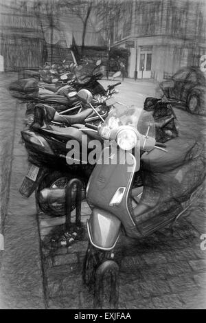 A red and white scooter in Paris on the street under a tree in front of ...