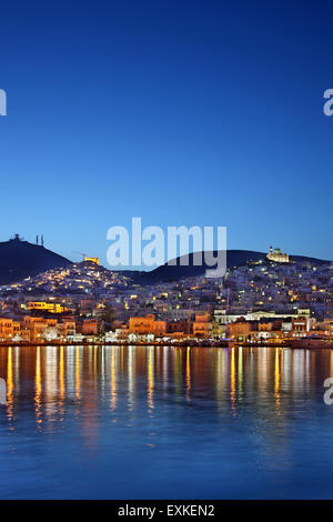Night view of Ermoupolis & Ano Syra, Syros island, Cyclades, Aegean sea ...