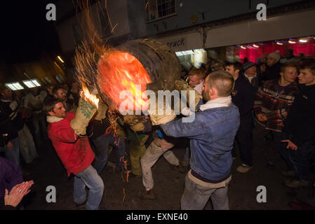 Final hogshead barrel being lifted prior to being carried through the ...