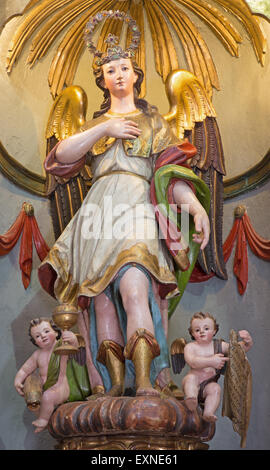 San Rafael, archangel Saint Raphael statue from 1651 at night, small ...
