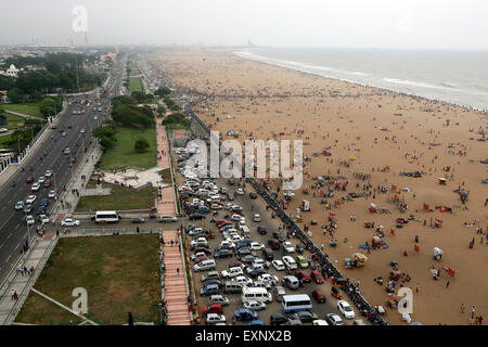 Aerial view of crowded Gandhi and Marina beach in Chennai, India Stock ...