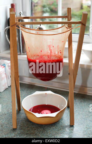 Jam Making - straining fruit through muslin bag to remove seeds ad ...