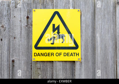 Bright yellow danger of death electricity warning sign keep out on ...