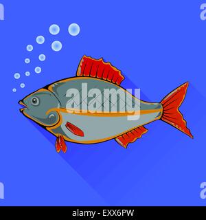 Cartoon fish with long fins. Red aquarium or ocean coral reef animal ...