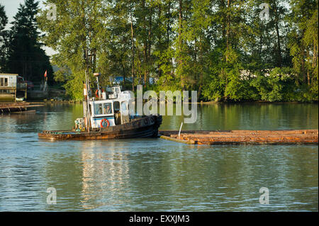Tug Boat pushing log boom down the Fraser River, bordering Vancouver ...