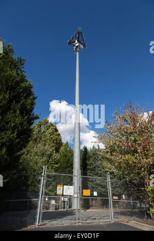 Tall monopole cell tower with metal scaffolding and antennas - grey ...