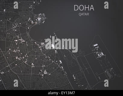 Doha, Qatar city map aerial view. minimal design. 3D Rendering Stock ...
