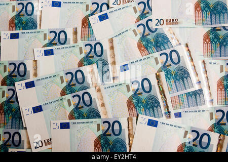 Edge to edge scattered Euro banknotes all showing the obverse, front ...