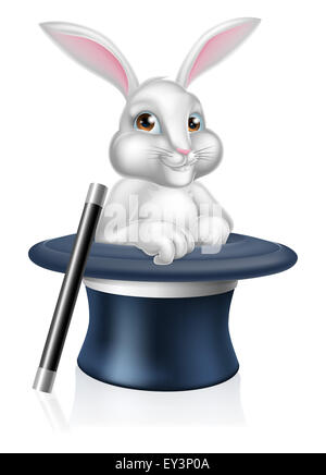A cartoon white rabbit coming out of a magic hat with a magicians wand ...