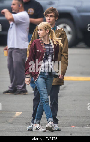 Emma Roberts acting as a high school sports photographer on the set of ...