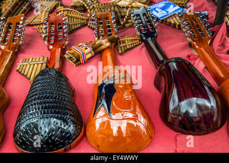 Hand-crafted traditional music instruments for sale at local market ...