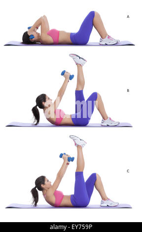 Step by step instructions for abs: Lie faceup with hands extended, legs ...