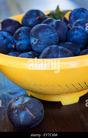 Still life of ripe yellow plums in dark brown wooden bowl. Rustic scene ...