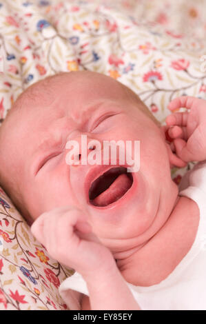 Tiny baby girl lying on her back with legs and arms bent up crying ...