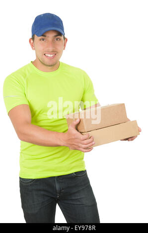 handsome friendly brunette delivery man carrying boxes Stock Photo - Alamy