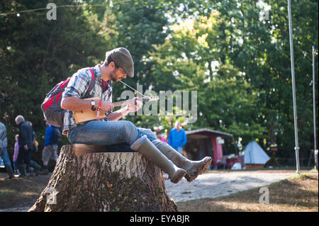 Miniature people sit on a guitar neck. Green lawn deep below them Stock ...