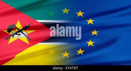 European Union and Mozambique flag waving in the wind against white ...
