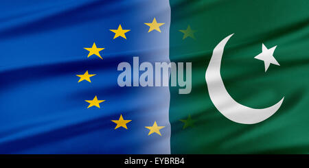 Pakistan and European Union flag waving in the wind against white ...