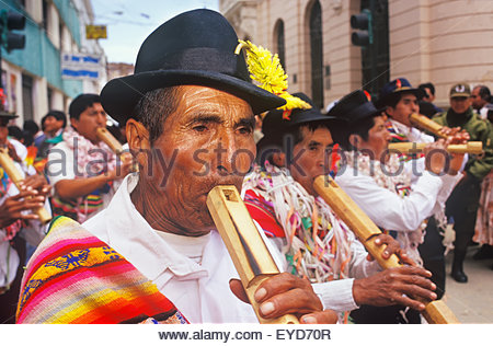 Bolivian men in traditional costumes celebrating the plurinational ...