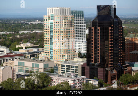 Aerial of the Downtown Skyline of Sacramento, California on both sides ...
