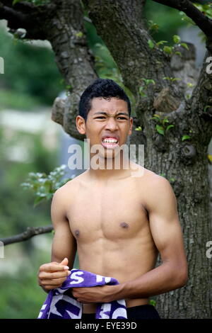 Japanese sprinter Abdul Hakim Sani Brown attends a press conference on ...
