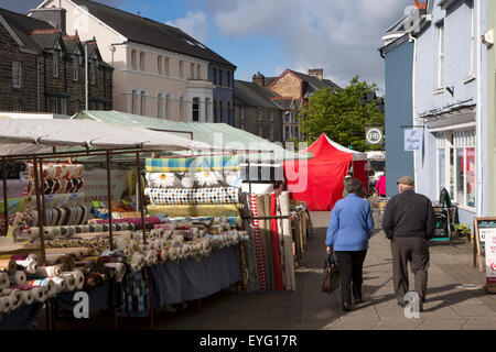 Stalls in Machynlleth market town on weekly market day held on ...