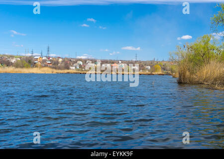 seasonal landscape with small Ukrainian river Oril in Yelizavetovka ...