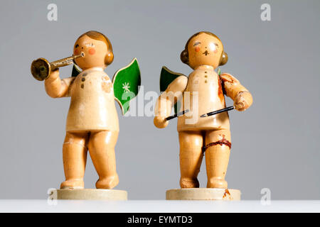 Broken wooden angels playing musical instruments, from the Erzgebirge ...