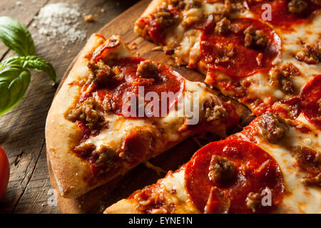 Homemade Meat Loves Pizza with Pepperoni Sausage and Bacon Stock Photo ...