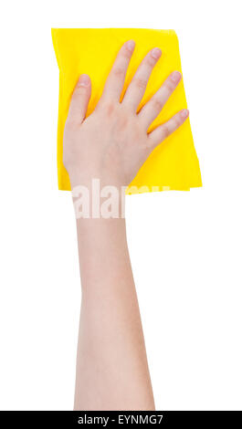 hand with yellow washing rag isolated on white background Stock Photo ...