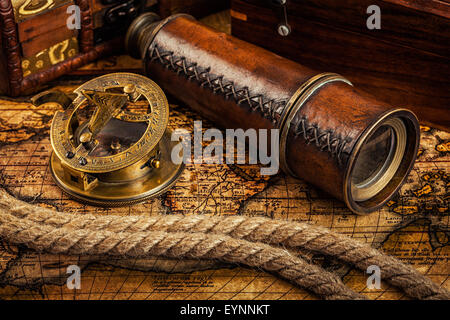 Compass and magnifier on world map, closeup Stock Photo - Alamy