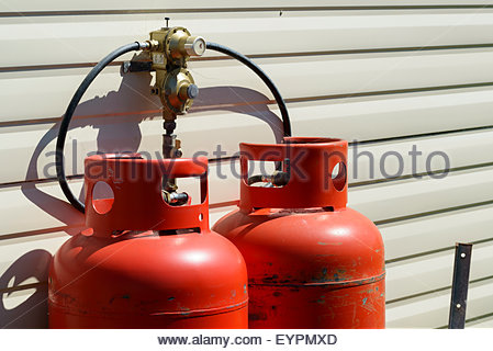 Calor gas red butane / propane bottles next to a static caravan Stock ...