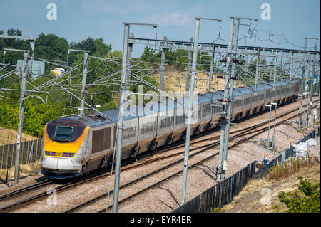 Eurostar train travelling through the countryside in Kent, England ...