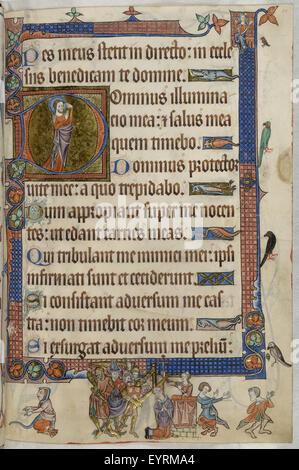 An image from the Luttrell Psalter, depicting two men threshing sheaves ...